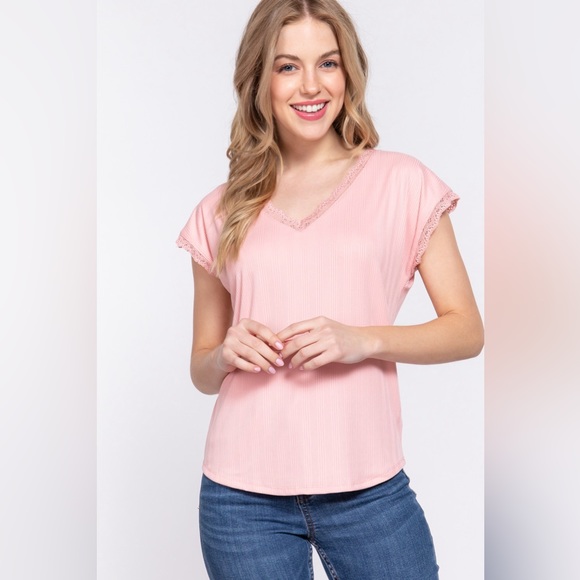 Active Basic | Tops | Active Basic Lace Trim Vneck Short Sleeve Ribbed Top | Poshmark
